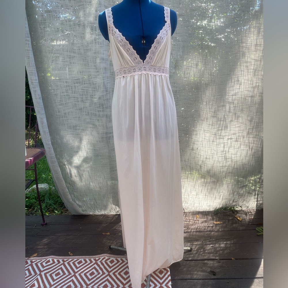 70s Vintage Jc Penny Cream Pink Lace Maxi Dress Slip … - Gem